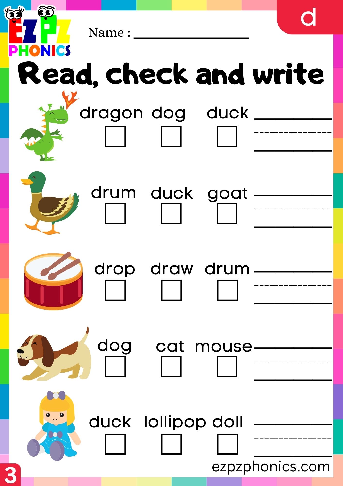 Letter d Read Check and Write the Words Phonics Activity for Kids Group 3 - ezpzphonics.com